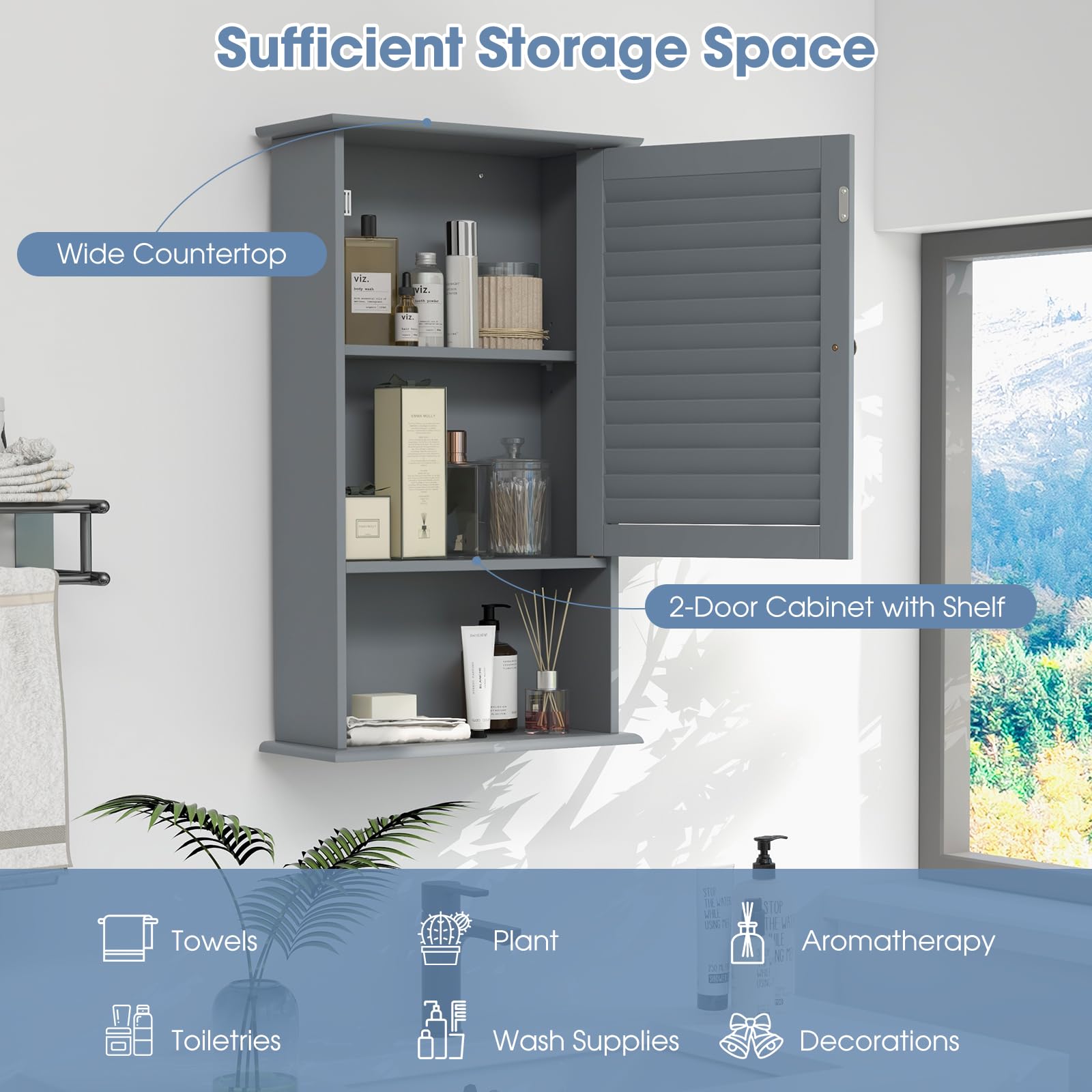 Safeplus Bathroom Wall Cabinet, Medicine Cabinet with Adjustable Shelves, Ideal for Bathroom, Kitchen, Living Room (Grey, BA7597)