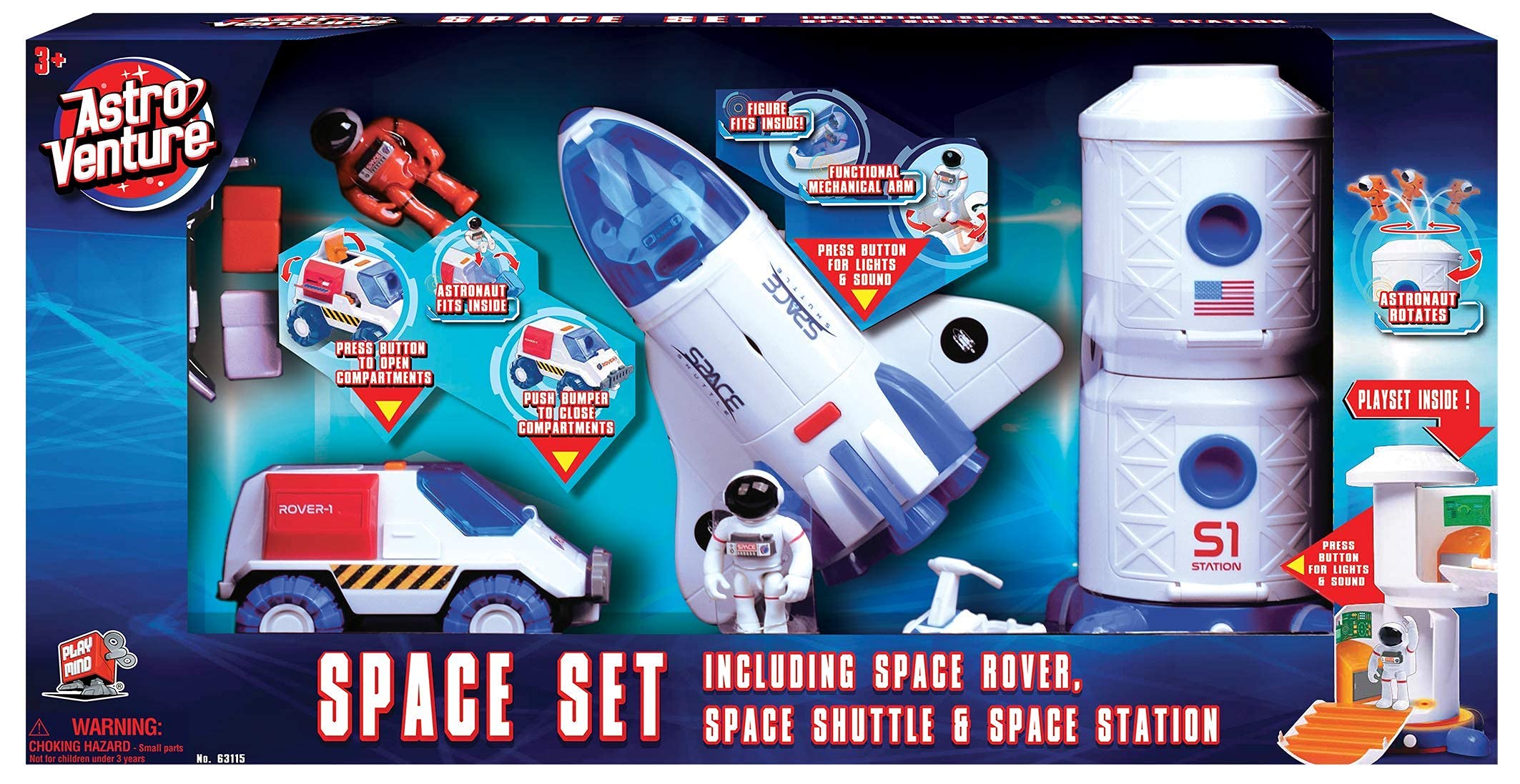 ASTRO VENTURE Space Playset - Toy Space Shuttle, Space Station & Space Rover with Lights and Sound & 2 Astronaut Figurine Toys for Boys and Girls
