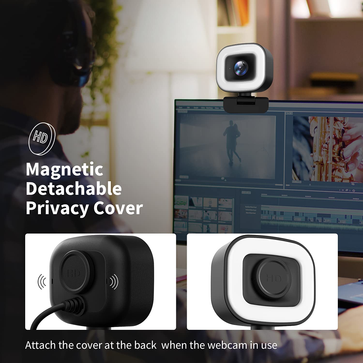 60FPS Webcam with Ring Light, Auto-Focus 1080P Web Camera with Dual Microphone and Privacy Cover,Streaming Webcam for YouTube, Skype, Zoom, Twitch, OBS, Xsplit and Video Calling