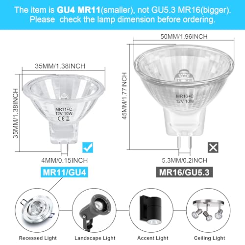 Lacnooe MR11 Halogen Bulb 10W 12V FTD Spotlight Bulb with Long Lifespan,GU4 Bi-Pin Base,Dimmable MR11 Bulbs with Glass Cover for Landscape,Accent,Track Lights,Fiber Optics,2700K Warm White,2 Pack
