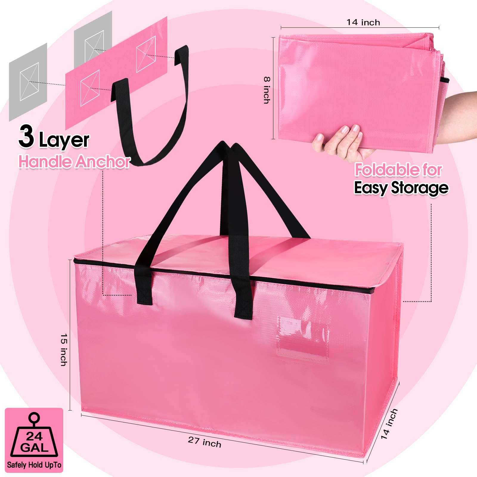6 Pack Extra Large Moving Bags with Zippers & Carrying Handles, Heavy-Duty Storage Tote for Space Saving, Fold Flat, Water-Resistant, College Dorm Packing Supplies, Alternative to Moving Box - Pink