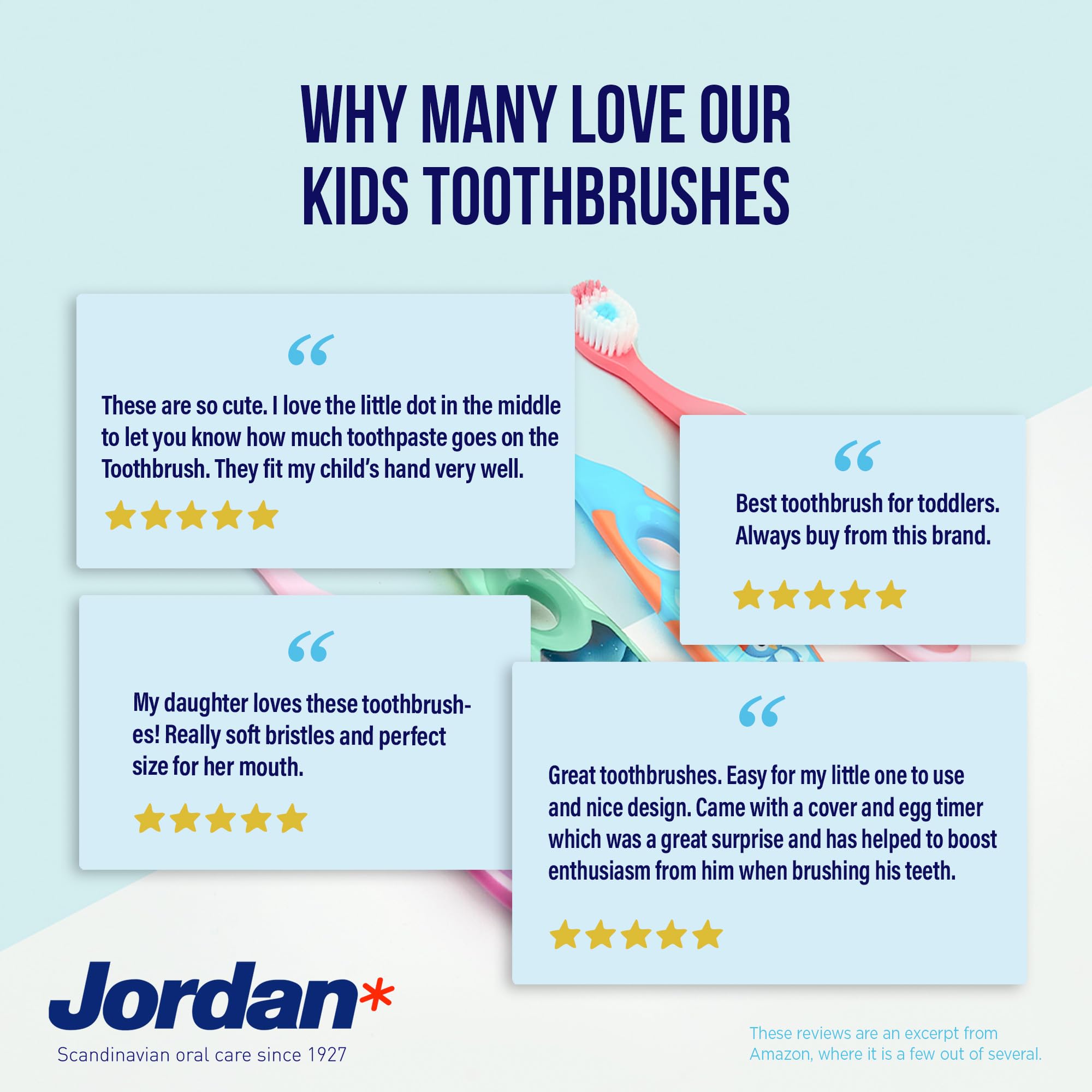 Jordan* Step 2 Kids Toothbrush, 3-5 Years, Soft Bristles, BPA Free (4 Pack) Blue & Green