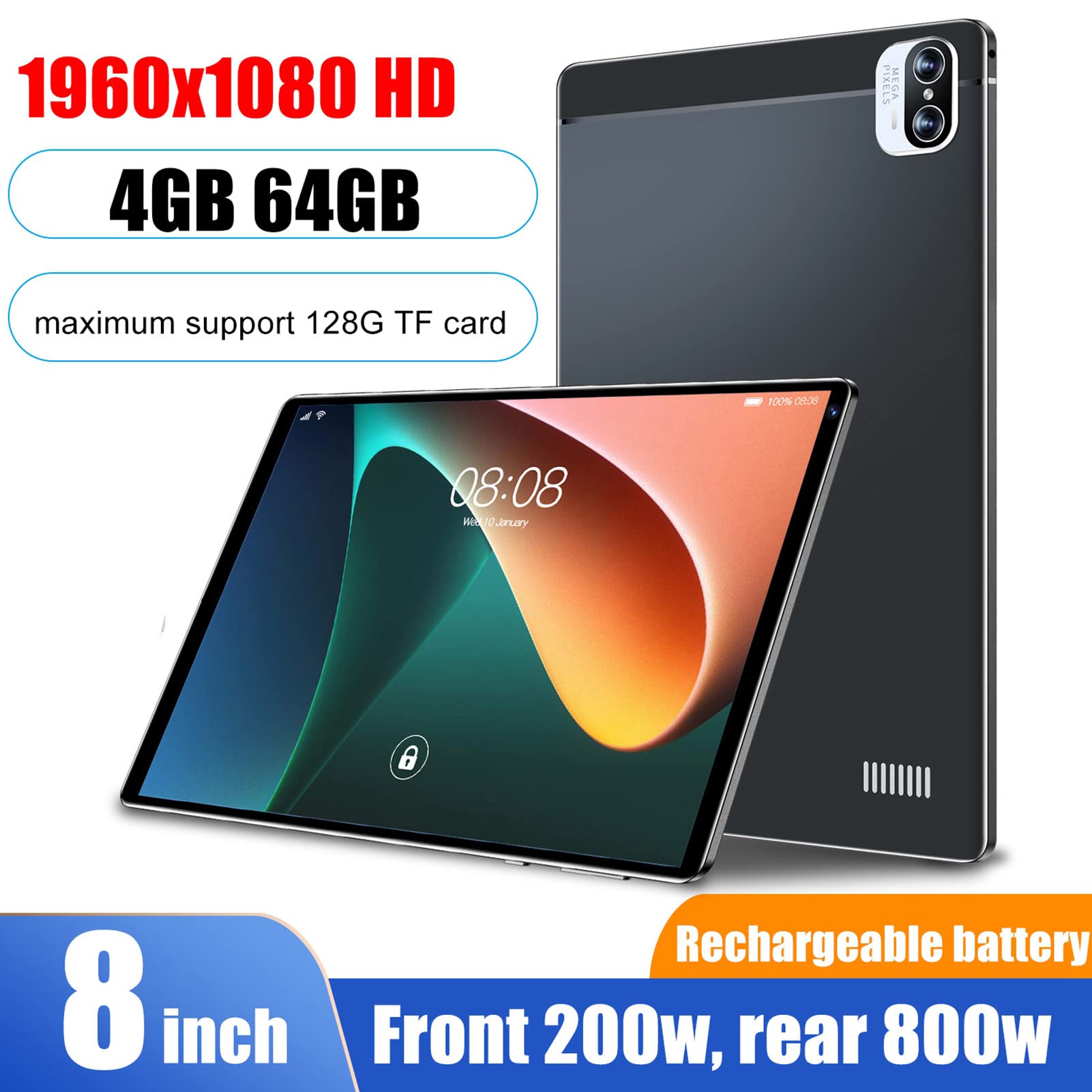 8 Inch Tablet 8 Inch 1960x1080 HD Black Octa Core Front 200W Rear 800W 100240V Call Tablet 4GB 64GB for 10.0 for Reading (US Plug)