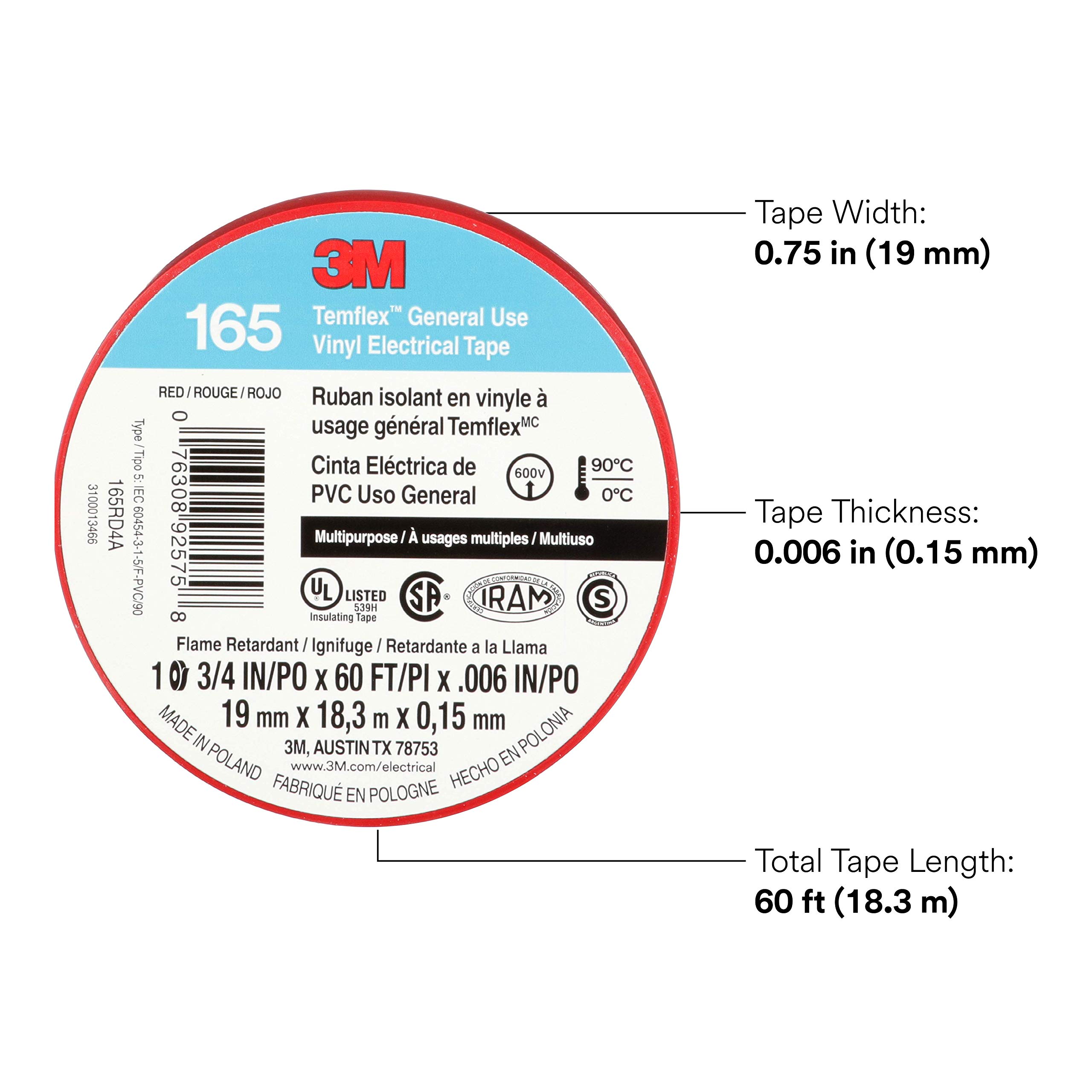 3M Temflex Multi-Purpose Vinyl Electrical Tape 165, Red, 3/4 in x 60 ft (19 mm x 18 m), 10 Roll Pack