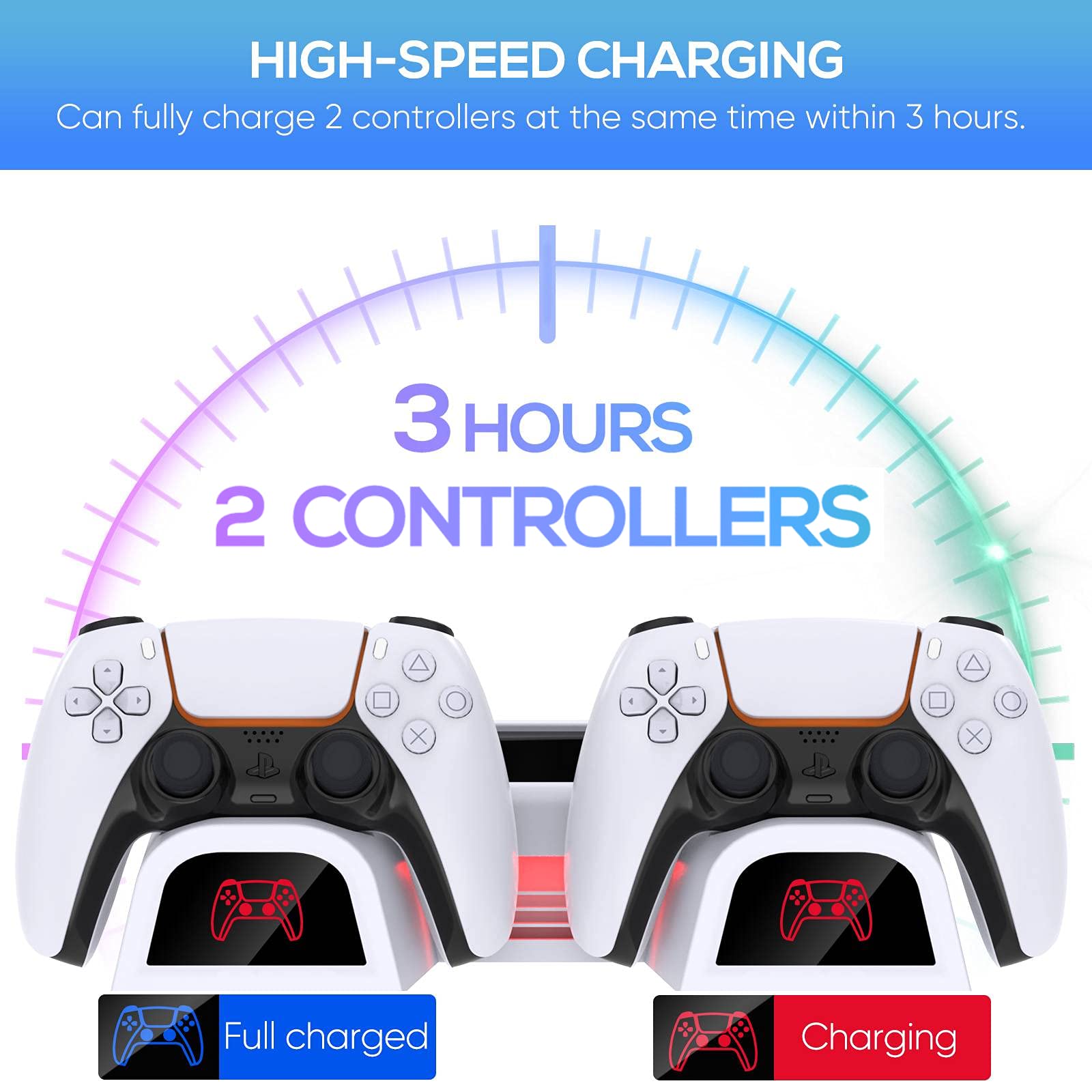 5 in 1 Vertical Stand for PS5/PS5 Digital Edition with Cooling Fan 3 Adjustable Level and Controller Charger Dock Fast Charging with LED Indicator, 2 Holder Hanger, Remote Slot&10 Game Rack Organizer