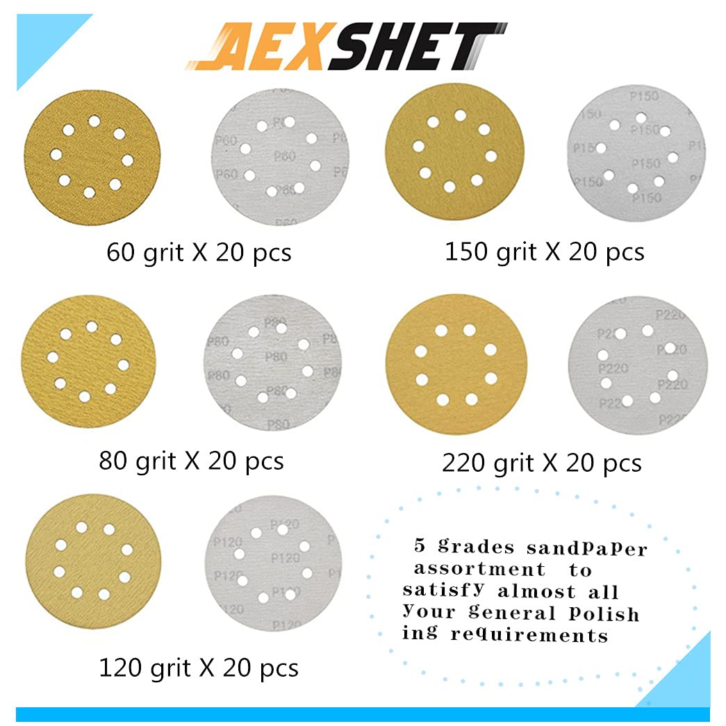 5 inch 8 Hole Gold Hook and Loop Sanding Discs for DA Sanders - Box of 100 Sandpaper Finishing Discs for Automotive and Woodworking (60#80#120#150#220#Each20pcs)