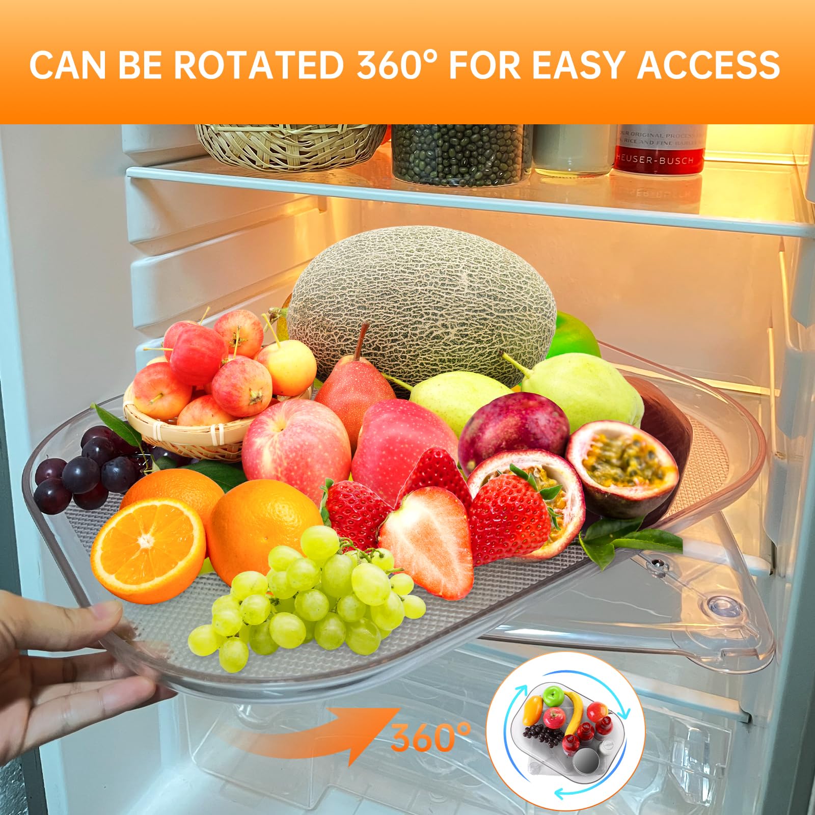 360 Rotating Lazy Susan Turntable Organizer for Refrigerator, Rectangular Transparent Fridge Organizers and Storage, Large Capacity Lazy Susans for Refrigerator Cabinet,Used for cabinets, tables, pant