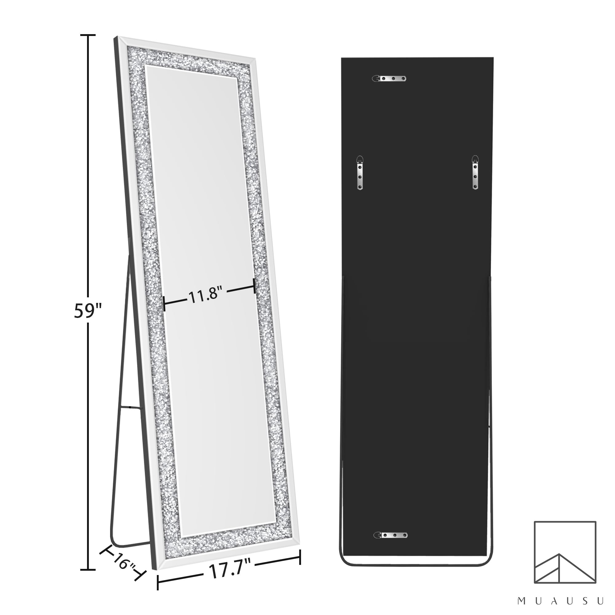 MUAUSU Crystal Full Length Floor Mirror- 59"×18" Crushed Diamond Full Body Mirror Silver Long Standing Mirror for Bedroom Living Room Bathroom Wall Mounted