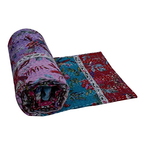 Maviss Homes Beautiful Indian Traditional Patchwork Super Soft Cotton Double Kantha Quilt | Throw Blanket Bedspreads | Cozy Blanket Quilt | Easy Machine Washable and Dryable; Multicolour
