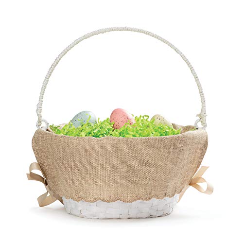 Personalized Easter Egg Basket with Handle and Custom Name in White Script | Scallop Edge Burlap Easter Basket Liners | White Basket | Woven Easter Baskets for Kids Adults | Customized Easter Basket