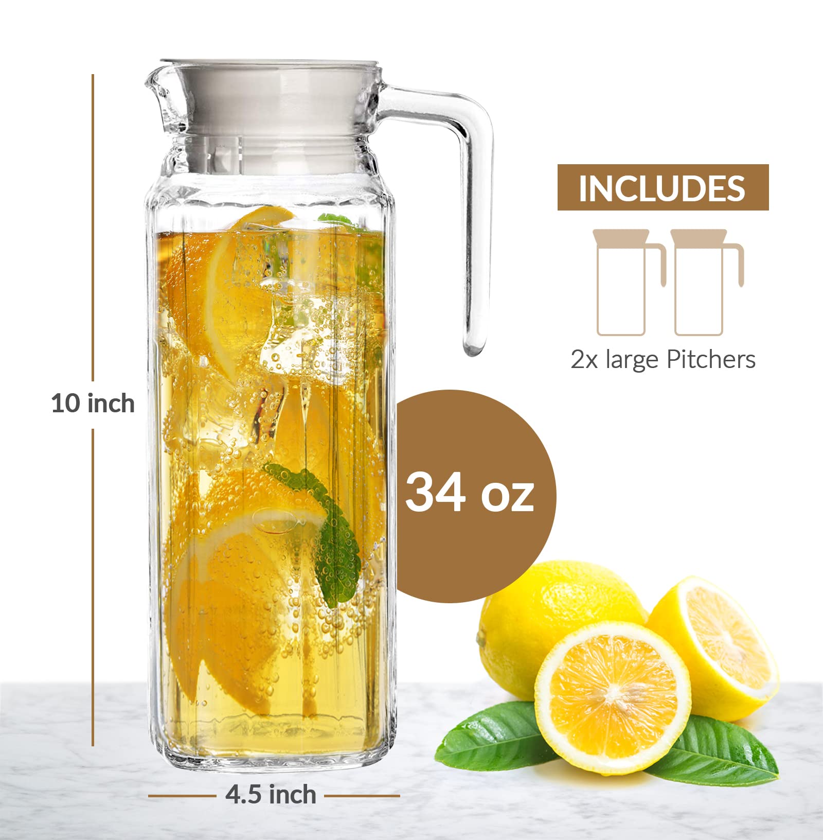 Glass Pitcher with Lid – Set of 2 34Oz Glass Water Pitcher – Cold Water Carafe For Ice Tea, Lemonade, Coffee – Elegant and Modern – Practical Spout Pitchers for Drinks