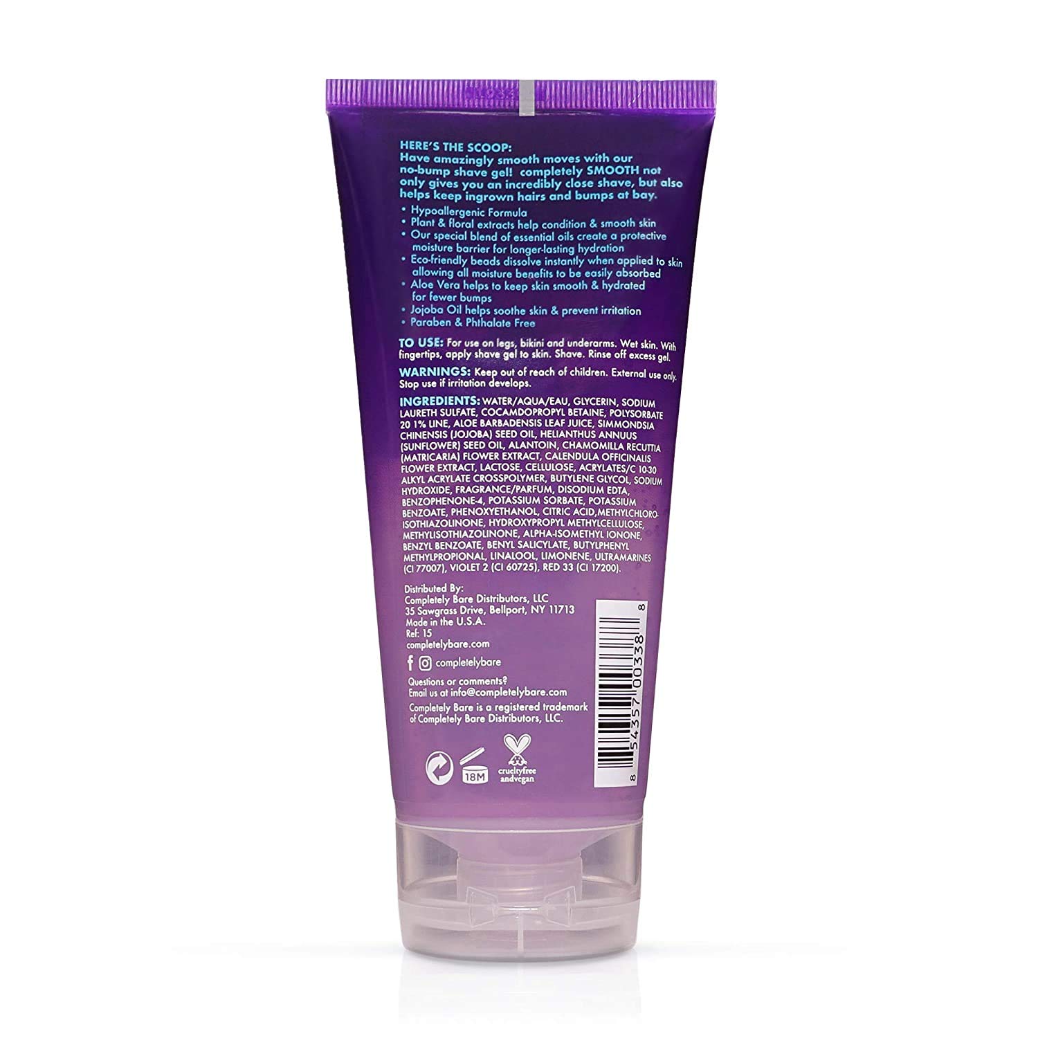 Completely Bare Completely Smooth Moisturizing No-Bump Shave Gel - All Natural, Aloe Vera, Jojoba Oil & Chamomile Prevents Irritation, Moisturize Dry Skin, Hypoallergenic, Vegan Formula 6oz, 2pck