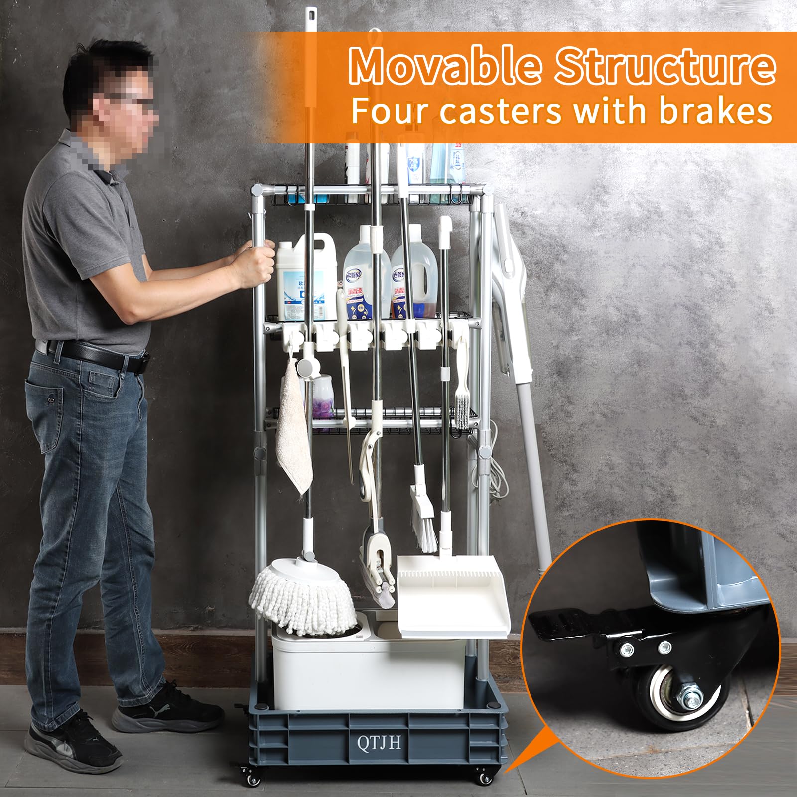 Multi-Layer Mobile Cleaning Tool Storage Rack storage shelf broom mop holder hold your cleaning supplies janitorial cart Steel Organizer Wire Rack