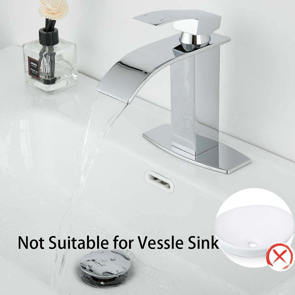 Brass Waterfall Bathroom Faucet Single Handle Bath Vanity Sink Faucet Chrome Commercial Basin Mixer Faucet with Pop Up Drain Stopper Overflow Supply and Deck Mounted (Chrome)