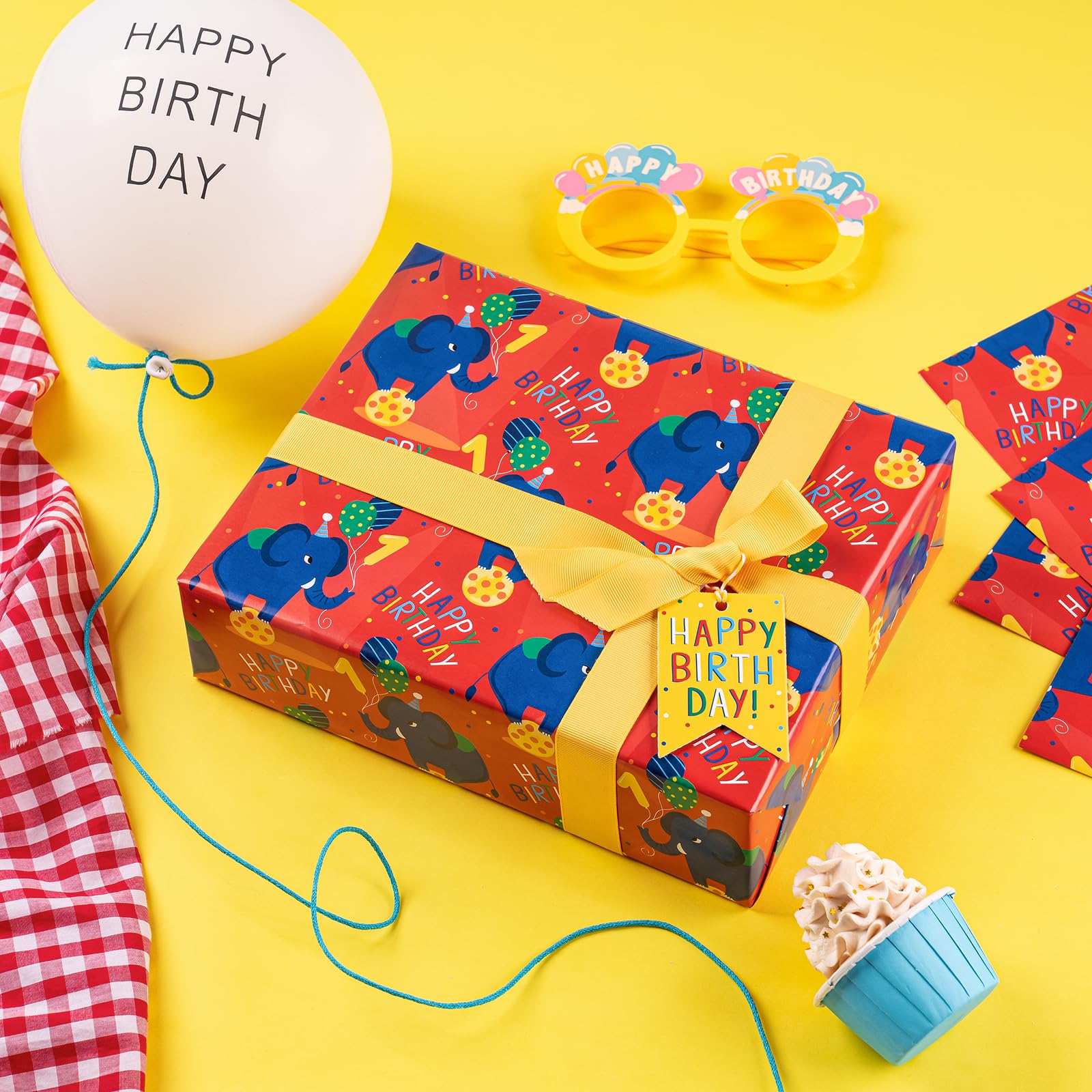 RUSPEPA Birthday Wrapping Paper Sheets with 1 Year Old Birthday Elephant Pattern Great for Birthday Gift Wrap, 6 Fold on Sheets Each Set, 27 inches x 19 inches, Age 1