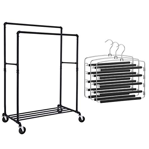 SONGMICS Double-Rail Clothes Rack Bundle with 3-Pack 5-Bar Pants Hangers, Industrial Pipe Design Garment Rack on Wheels, Space-Saving Trousers Hangers with Swing Arms, Black UHSR60B and UCRI041BK