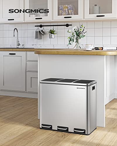 SONGMICS Trash Can, 3 x 4.8 Gallon Garbage Can, 14.4 Gallon Recycle Bin with Soft-Close Lids, Pedals, and Inner Buckets for Kitchen, Stainless Steel, Silver and Black ULTB54NL
