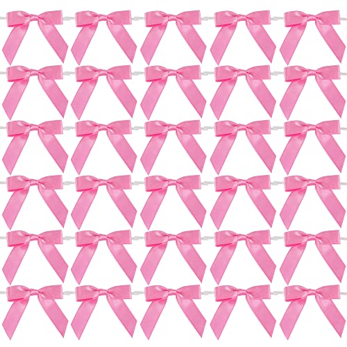 AIMUDI Hot Pink Bows 2.5" Pink Ribbon Valentine's Day Pink Twist Tie Bows Pre Tied Bows Premade Bows for Crafts Treat Bags Cake Pop Party Decorations Candy Apple Box Wedding - 50 Counts