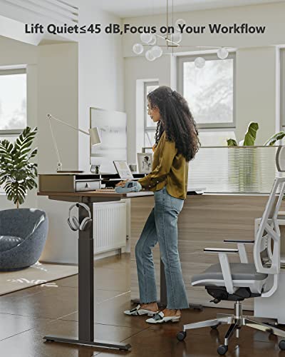 BANTI 55"x 26" Electric Standing Desk with Glass Top Monitor Stand, Adjustable Sit Stand Up Table with Double Drawer, Sit Stand Desk with Storage Shelf, Black Walnut Top