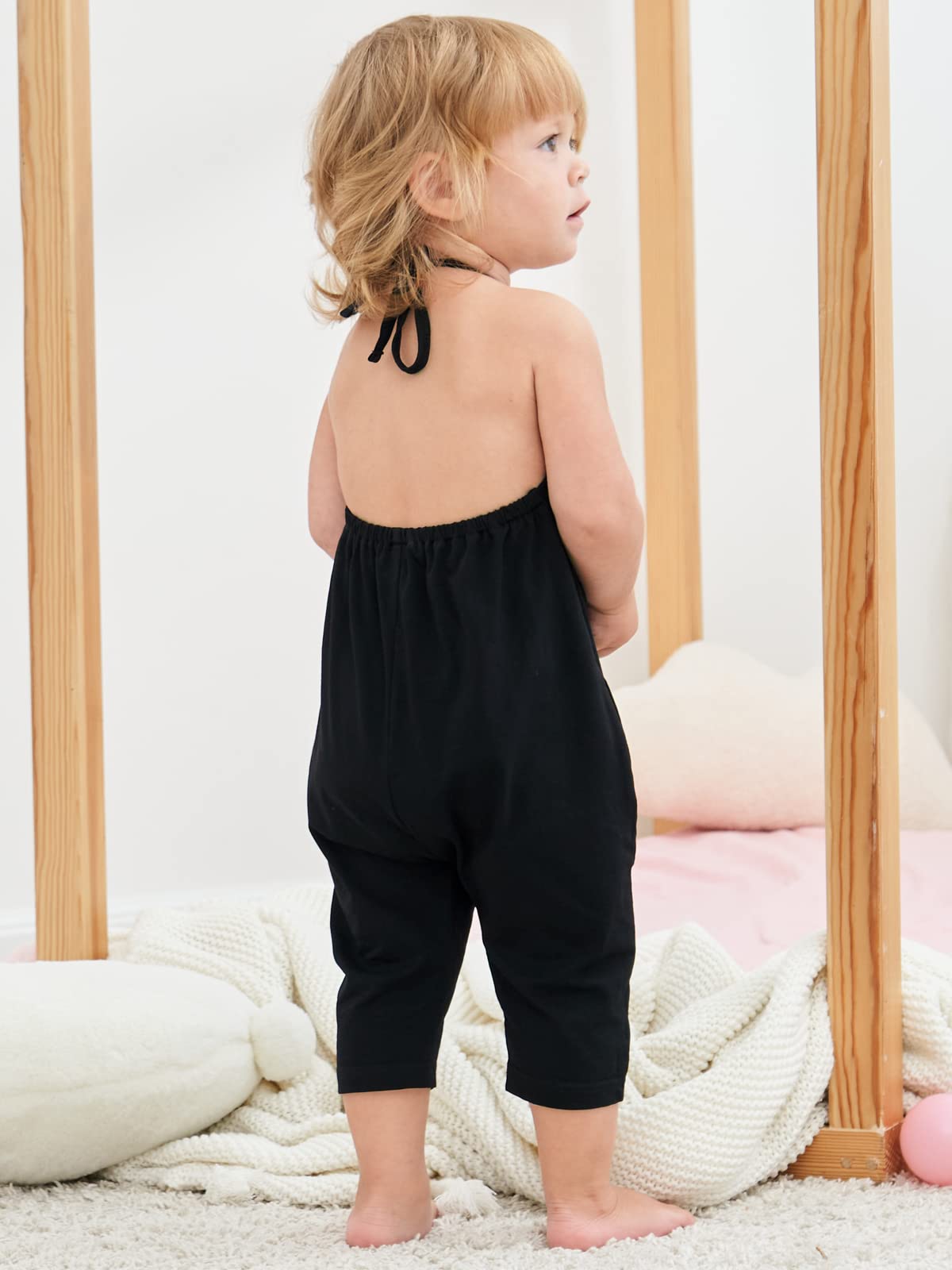 Lindanina Slouch Jumpsuit for Toddlers Harem Strap Romper Little Girls Backless Halter Playsuit with Pockets Cute Solid One Piece(Black, 2-3T)