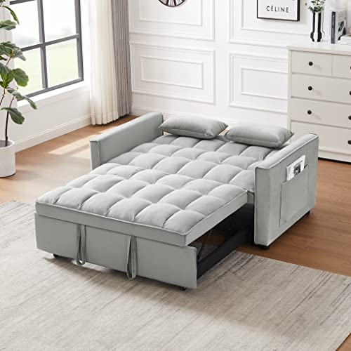 DHHU 52" Sleeper Couch Convertible Sofa Bed, 3 in 1 Velvet Loveseat Pull Out Bed, Reversible Couch with Toss Pillows and Pockets, 2-Seat Adjustable Backrest Full Size Sofa for Living Room Furniture