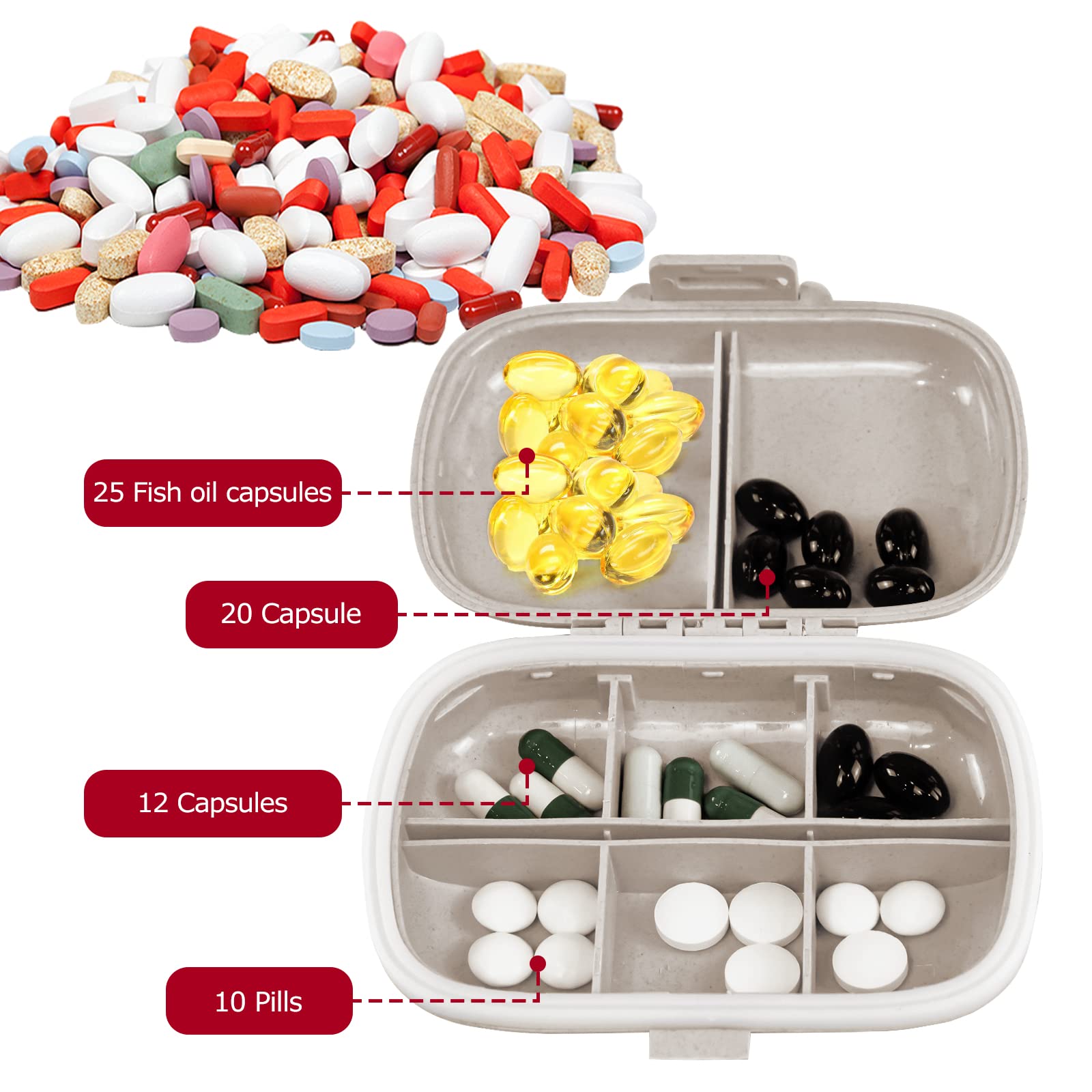 4PCS Travel Pill Organizer, 8 Compartments Portable Pill Case, Small Pill Box for Pocket Purse Portable Medicine Vitamin Container (Green+Blue+Pink+Beige)