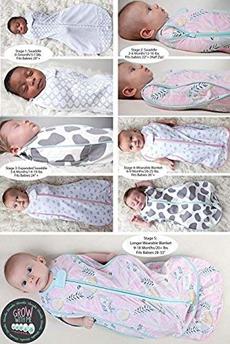 Woombie Grow with Me Baby Swaddle, Convertible Swaddle Fits Babies 0-9 Months, Expands to Wearable Blanket for Babies up to 18 Months, Stardust Grey Elephant