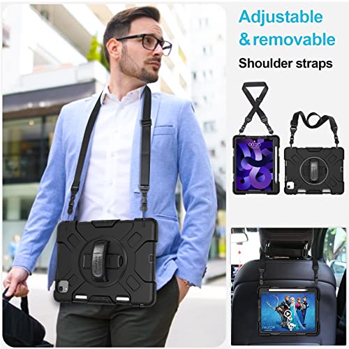 Case for iPad Air 5th/4th Generation: Military Grade Protective Cover iPad Pro 11 Inch Case & iPad Air 5/4 Case 10.9 Inch (2022/2020) W/Pencil Holder- Stand- Handle- Shoulder Strap- Black