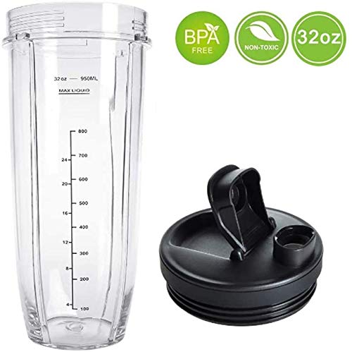 32OZ Replacement Cup with Flip Top To-go Lid & 7 Fins Blade Compatible with Nutri Ninja Auto Blender BL482 BL480-30 BL482-30 BL682