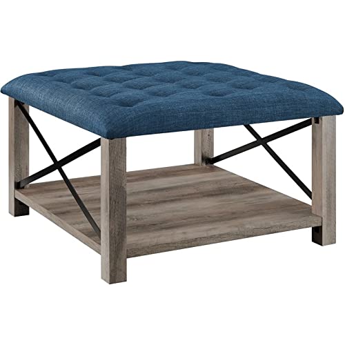 Walker Edison Abri Modern Farmhouse Metal X Tufted Ottoman, 30 Inch, Blue