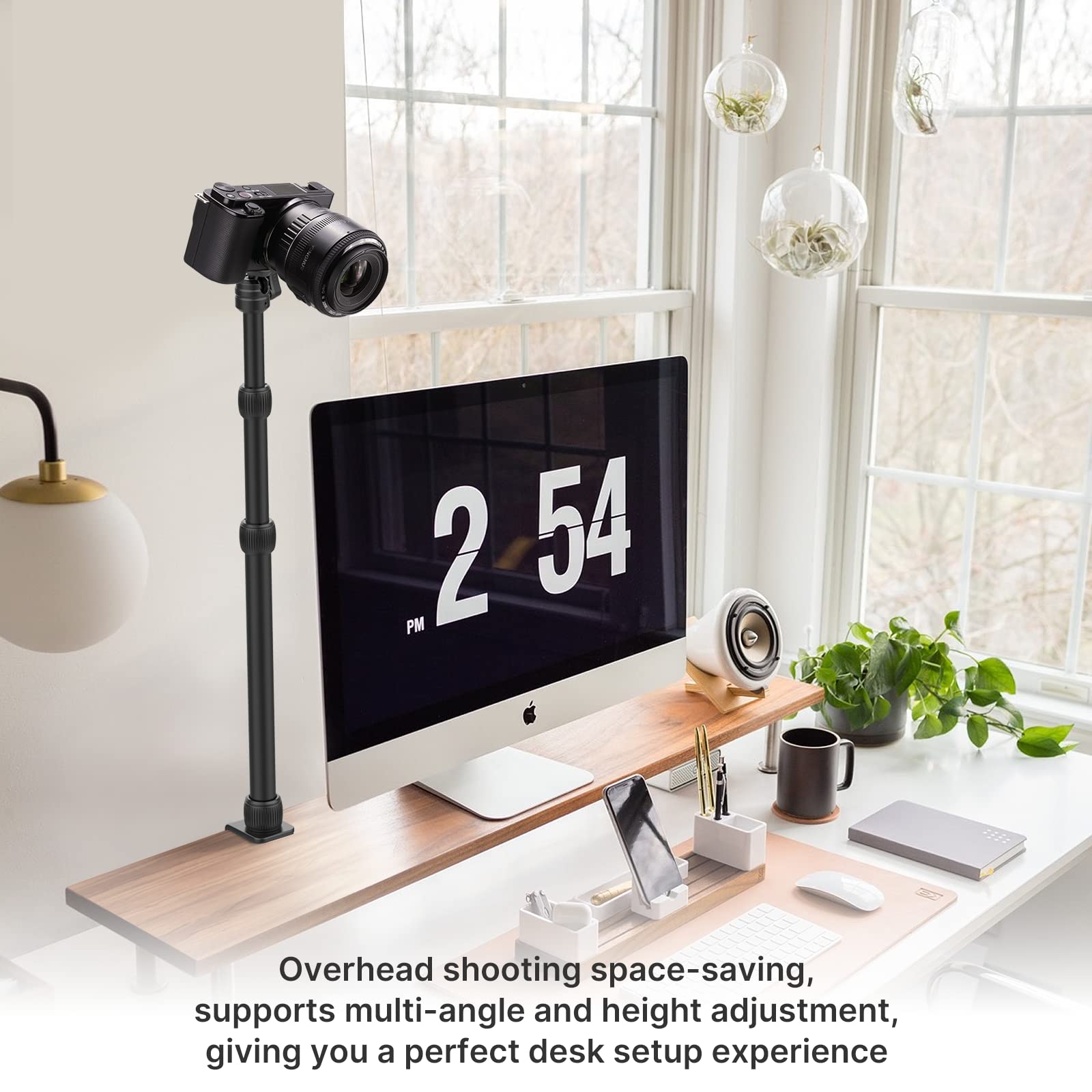 JUSMO Camera Desk Mount Stand w Ballhead, 16-34inch Adjustable Table Aluminum Light Stand w 1/4" Screw Tip, Desktop C-Clamp Mount Stand for DSLR Camera/Ring Light/Video Light/Webcam (LS10)