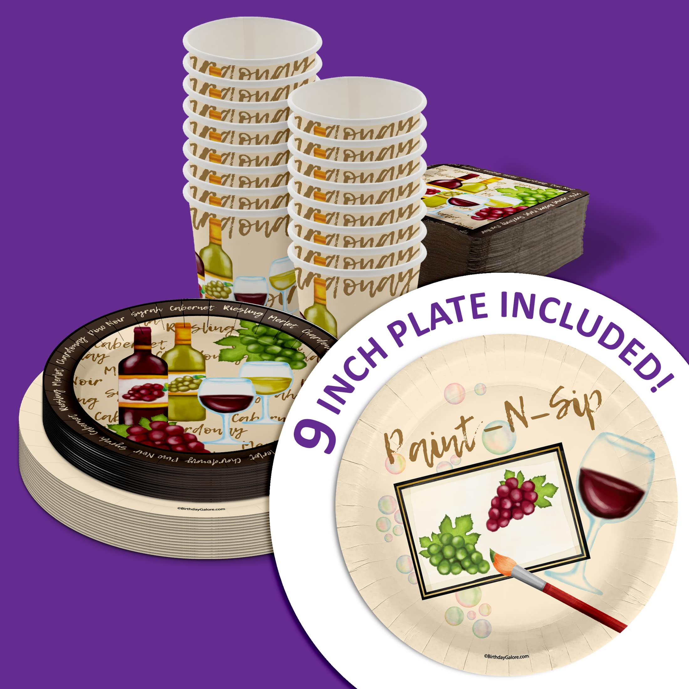 Birthday Galore Paint and Sip Party Supplies - 64 Piece Disposable Tableware Set For Bridal Shower - Wine Paper Plates Napkins Cups - Kit for 16