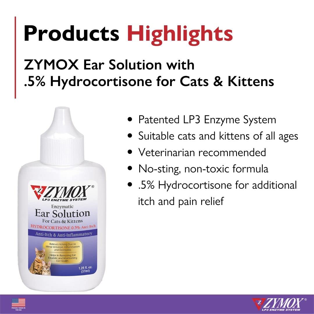 Zymox Enzymatic Ear Solution with 0.5% Hydrocortisone for Cats & Kittens, 1.25 oz. β Cleans & Refreshes Ear Canal for Relief from Ear Wax, Dirt Buildup, Itchiness, Irritation, Inflammation & Redness