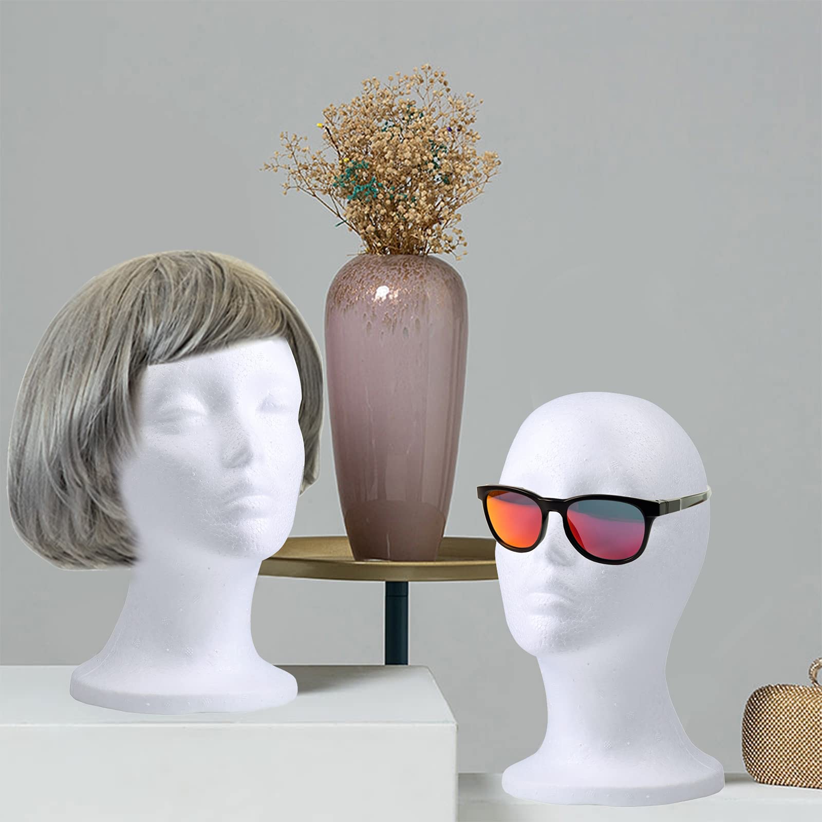 Foraineam 2 Pack Foam Wig Head, Female Mannequin Head Wig Display Stand Holder, Cosmetics Model Head White Foam Heads Glasses Mask Hat Hairpieces Stand