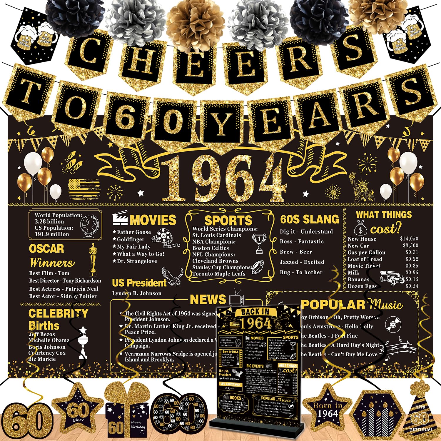 60th Birthday Decorations for Men Women,16PCS Back in 1964 Party Banner Decorations,Including Vintage 1964 Backdrop,Cheers to 60 Years Banner,7 Hanging Swirl,1964 Poster Anniversary Card,6 Paper Poms