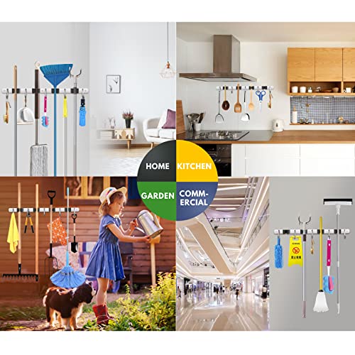 Laufary Broom Holder Wall Mount 4 R 5 H,Stainless Steel Mop Holder Wall Mount,Easy to Install Broom Storage Rack, for Home, Kitchen, Garden, Garage Organizing