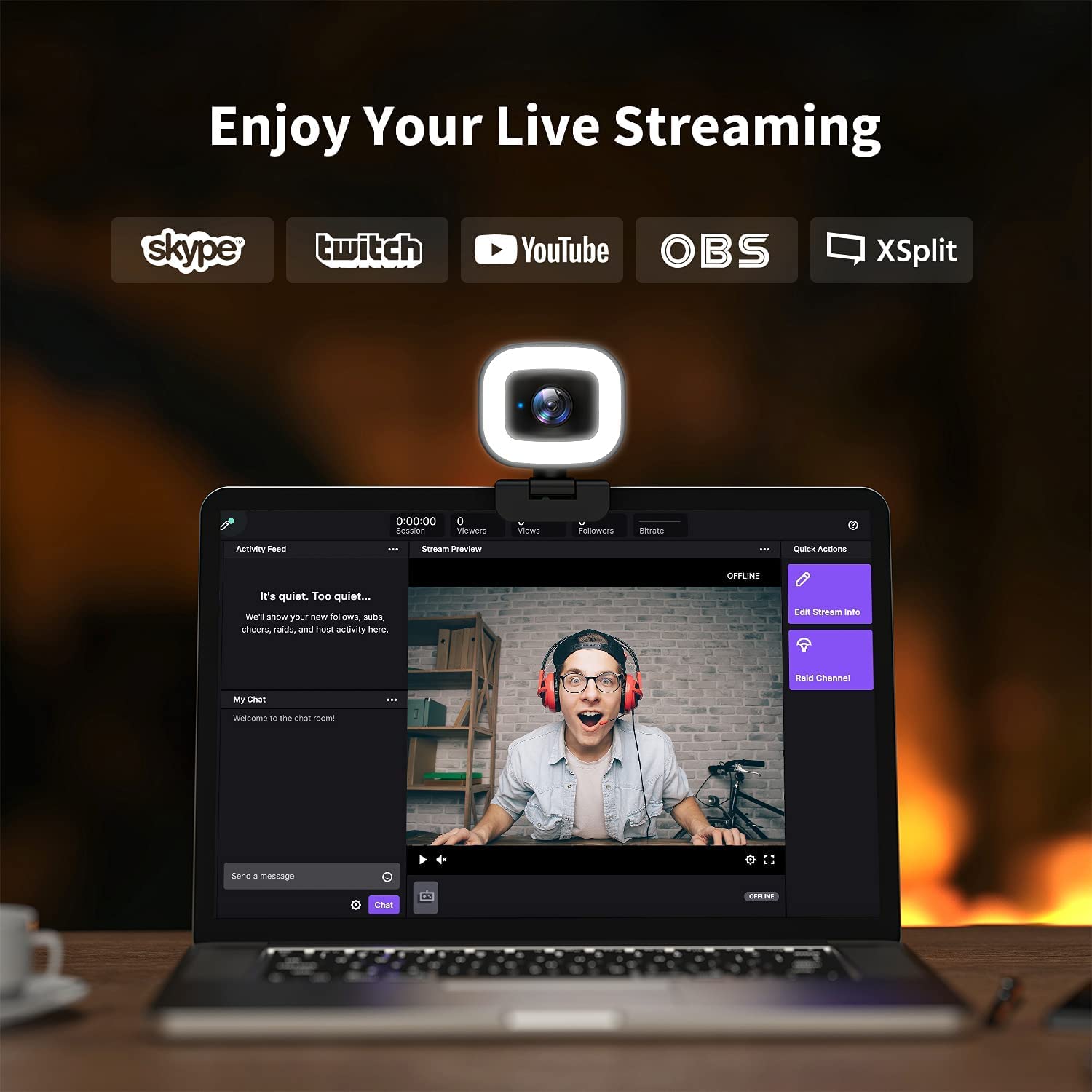 60FPS Webcam with Ring Light, Auto-Focus 1080P Web Camera with Dual Microphone and Privacy Cover,Streaming Webcam for YouTube, Skype, Zoom, Twitch, OBS, Xsplit and Video Calling