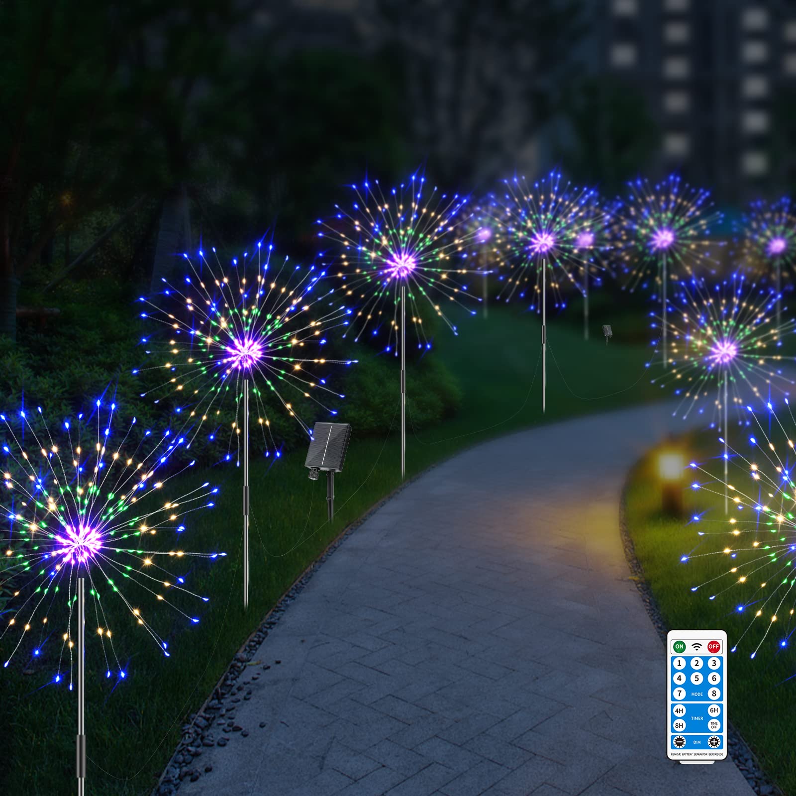 6 Pack Solar Firework Lights,720 LED Outdoor Garden Lights USB Charging, 8 Lighting Modes with Remote Control Waterproof, 4 Brightness DIY Firefly Lamp for Path Christmas Party Yard (Colorful)