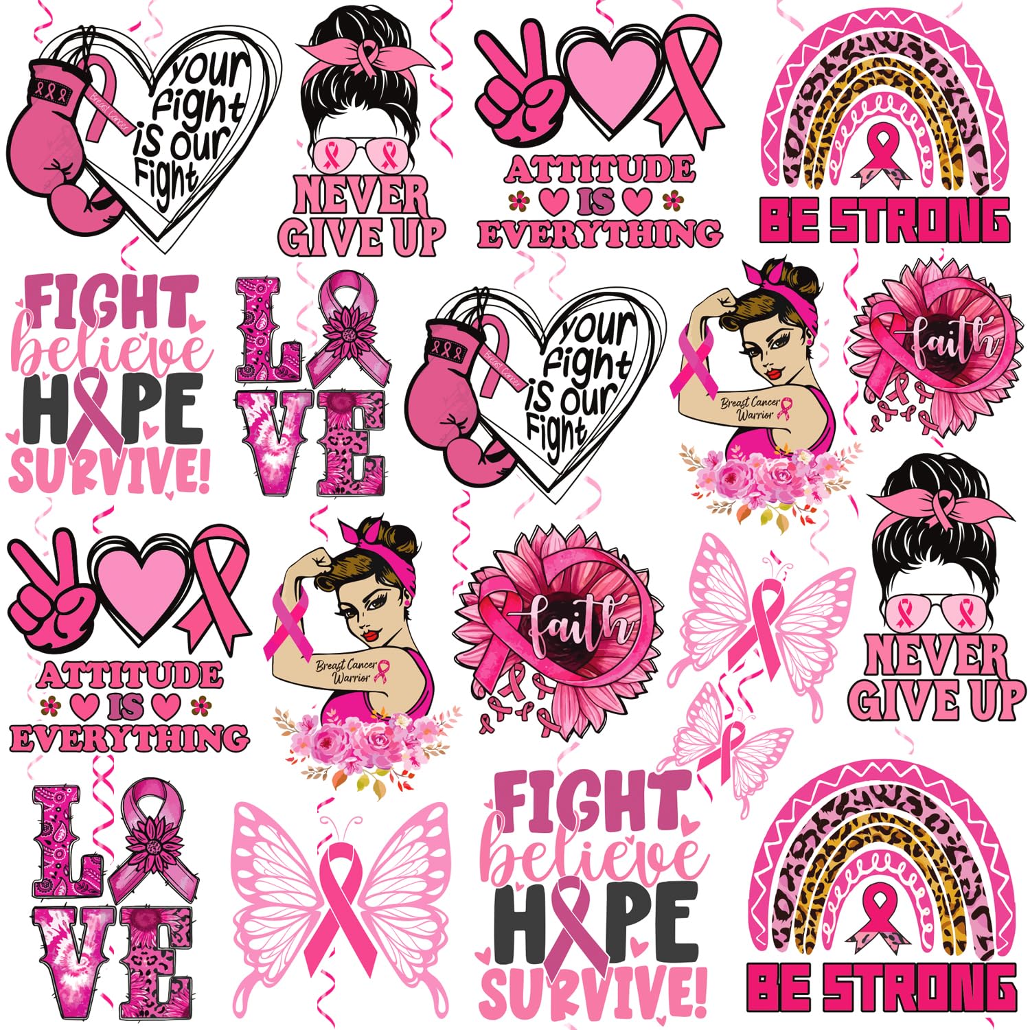 32pcs Breast Cancer Awareness Party Decorations Hanging Swirls, Pink Ribbon Ceiling Streamers Decor Faith Strength Courage for Breast Cancer Awareness Month Party Supplies