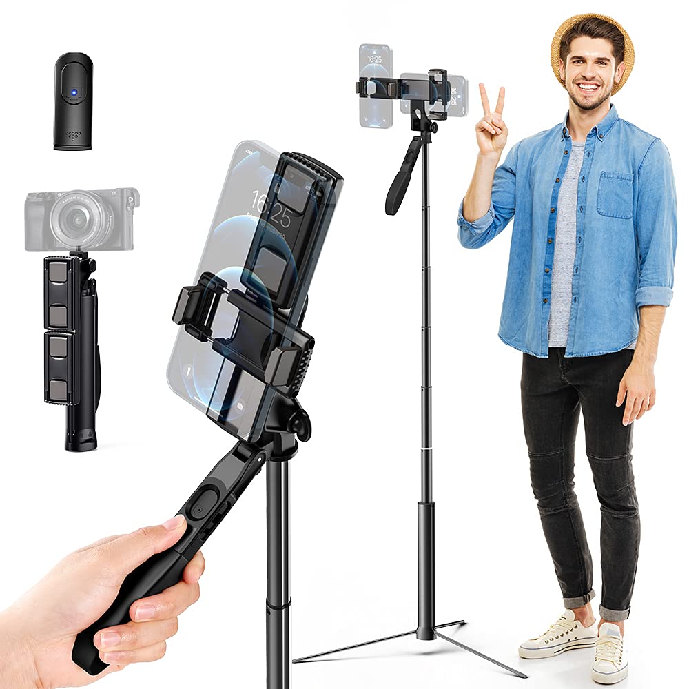 67'' Bluetooth Selfie Stick Phone Tripod, Extendable Travel Tripod Stand with Remote & 360° Rotation Phone Holder for Android iPhone Selfies, Video Recording, Vlogging, Live Streaming