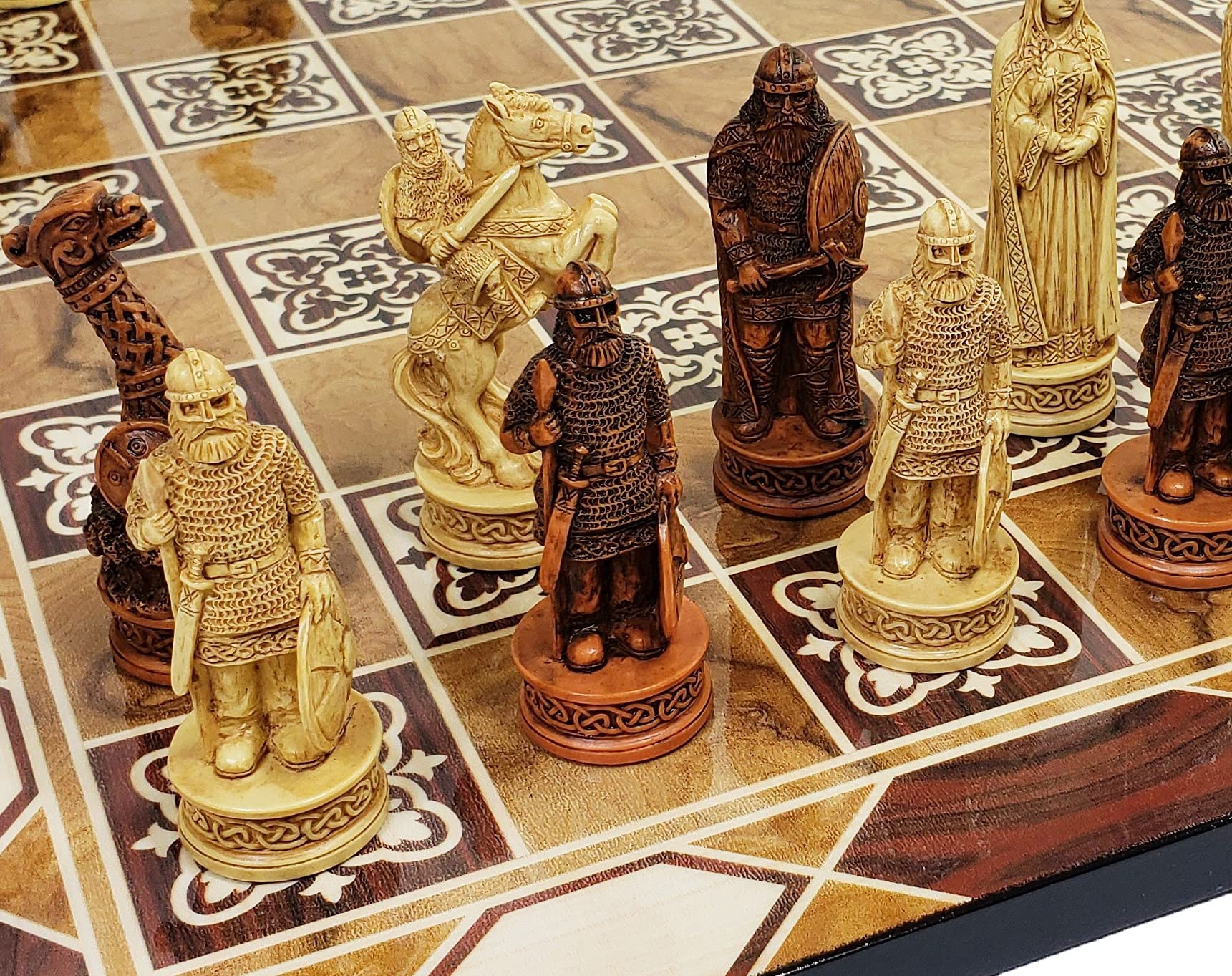 Antique Ivory & Brown Norse Viking Chess Set with 17" Burlwood Color Board