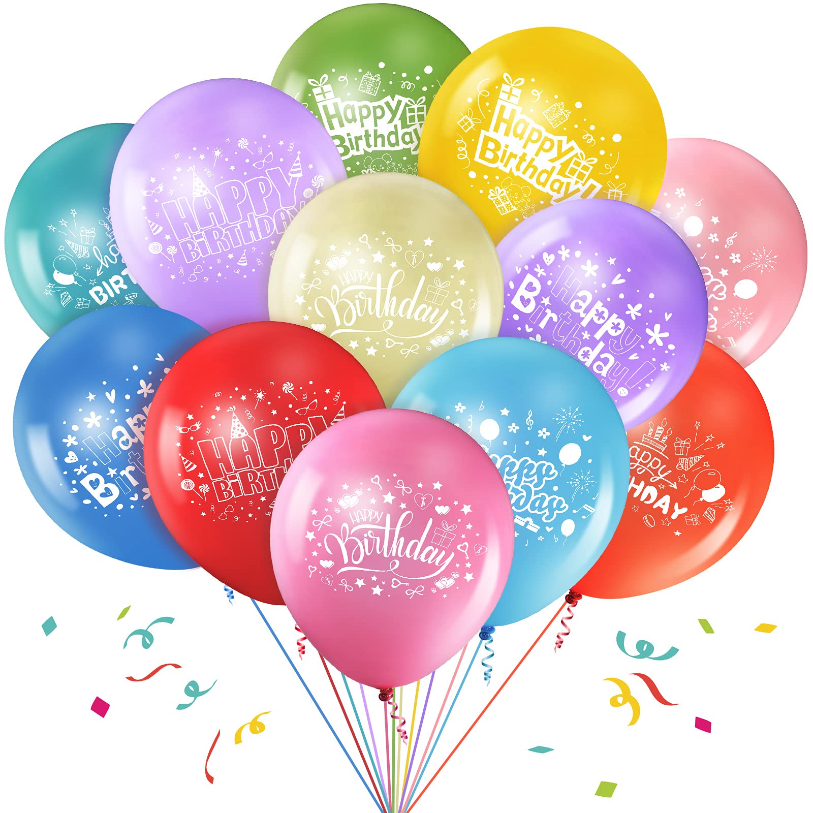 48 Pieces Happy Birthday Decorations Balloons 12 Inch Latex Colorful Birthday Balloons, Assorted Color Printed Rainbow Birthday Ice Cream Party Balloons for Men Boys Girls Birthday Decoration