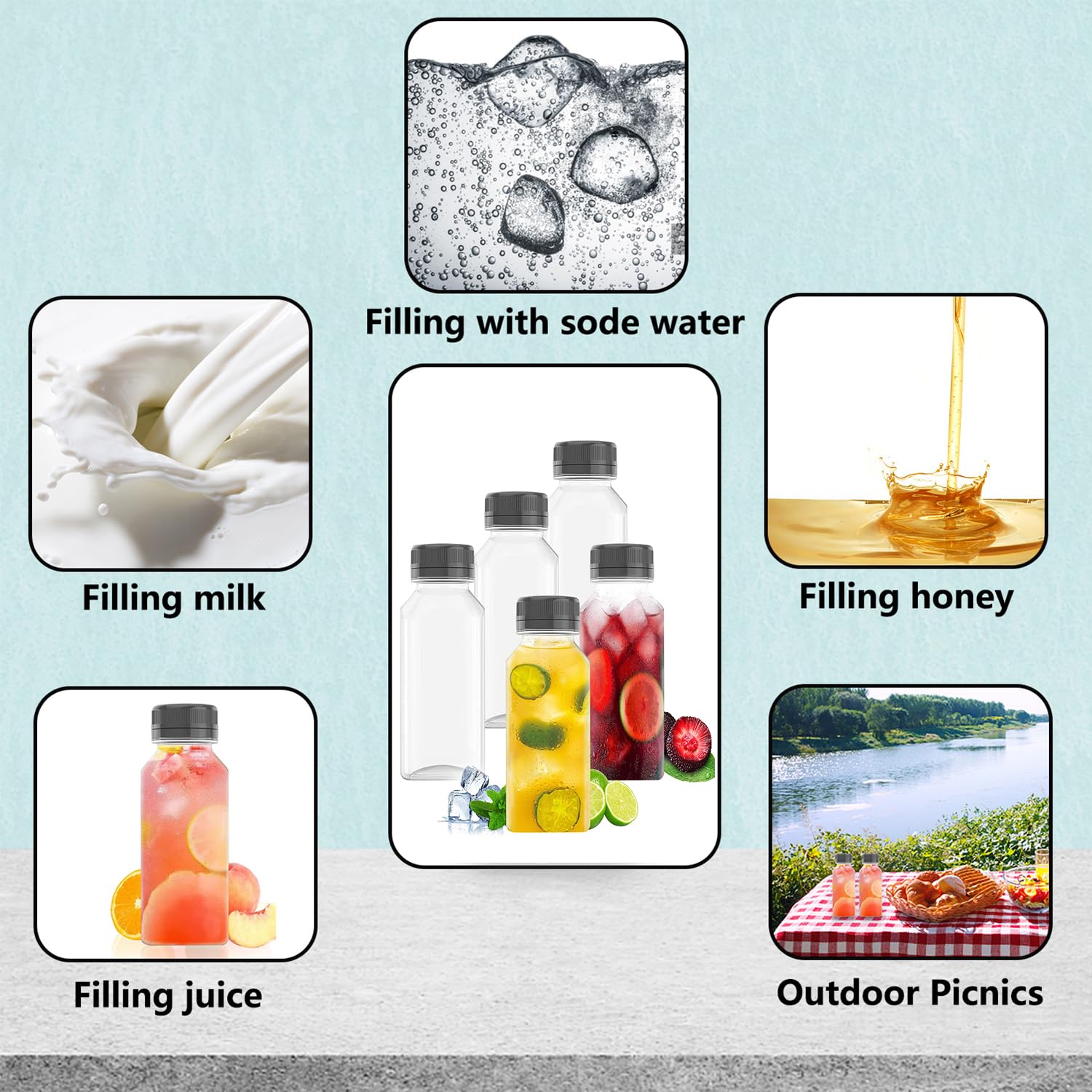 Goiio 5 Pcs 6 Ounce Plastic Juice Bottles, Clear Bulk Beverage Containers, for Smoothies, Juice Milk and Homemade Beverages
