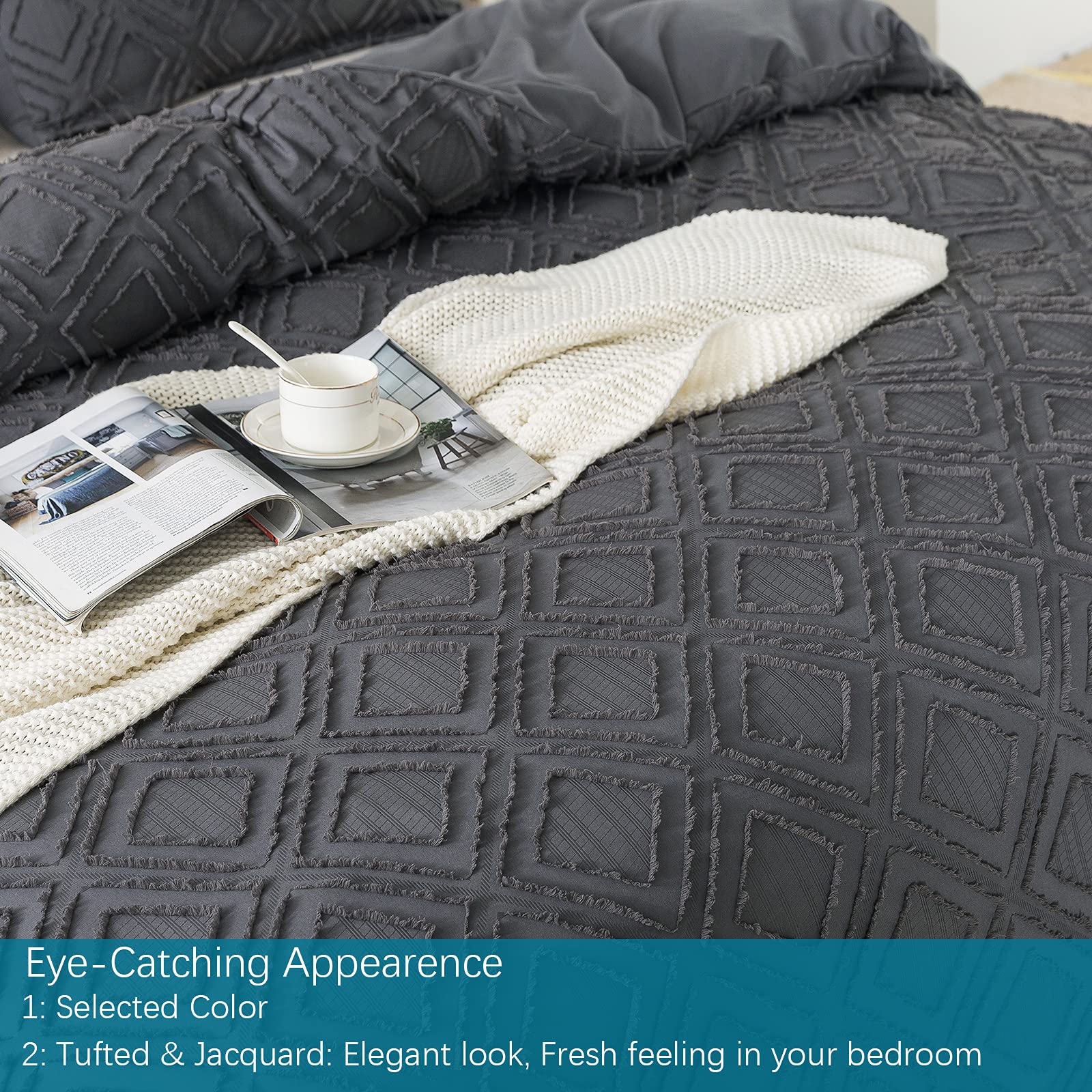 Lamourbear Jacquard & Tufted Geometric Grey Duvet Cover Queen Size Bedding Set, Soft, All Seasons, with Double-end Sliders Zipper Closure, 8 Ties, 3 Pieces (2 Pillowcase, 1 Duvet Cover), Q Dark Grey