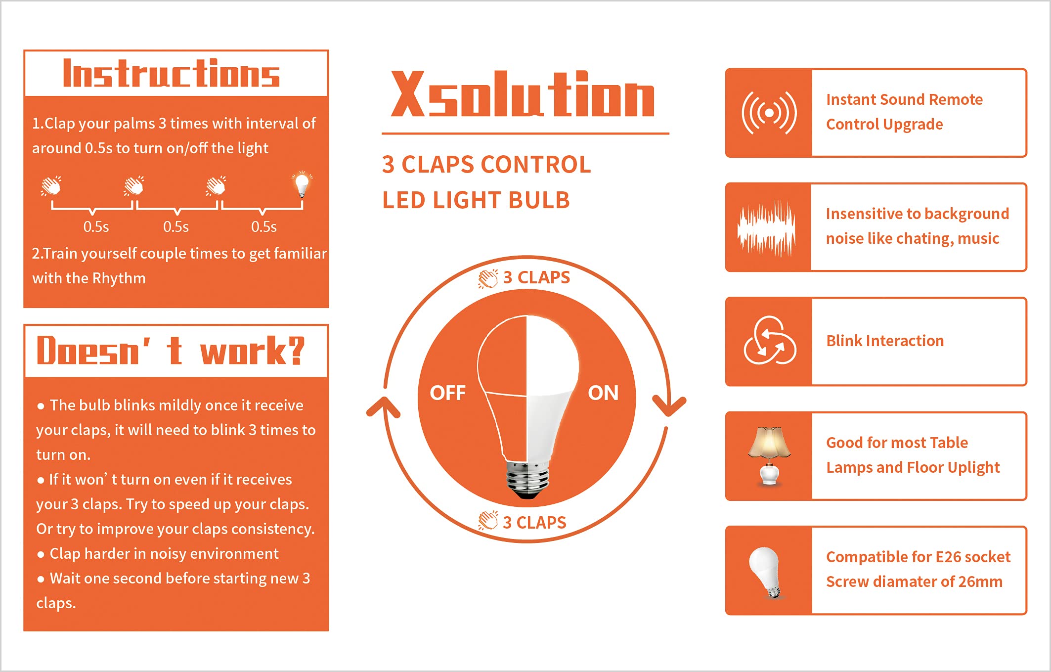 3 Claps ON/Off Remote Sound Control LED Light Bulb Perfect for Bedroom Table Lamp Upgrade, Sound Activated ON/Off Solution, Clap Detection, Smart Home, As Seen On TV, Soft White, 8-Watt