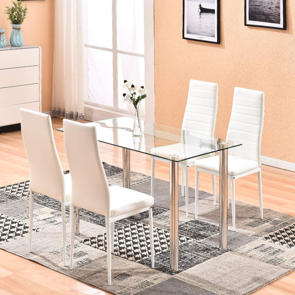 4HOMART 5 PCS Kitchen Table Set Modern Tempered Glass Top Table and PU Leather Chairs with 4 Chairs Dining Room Furniture White