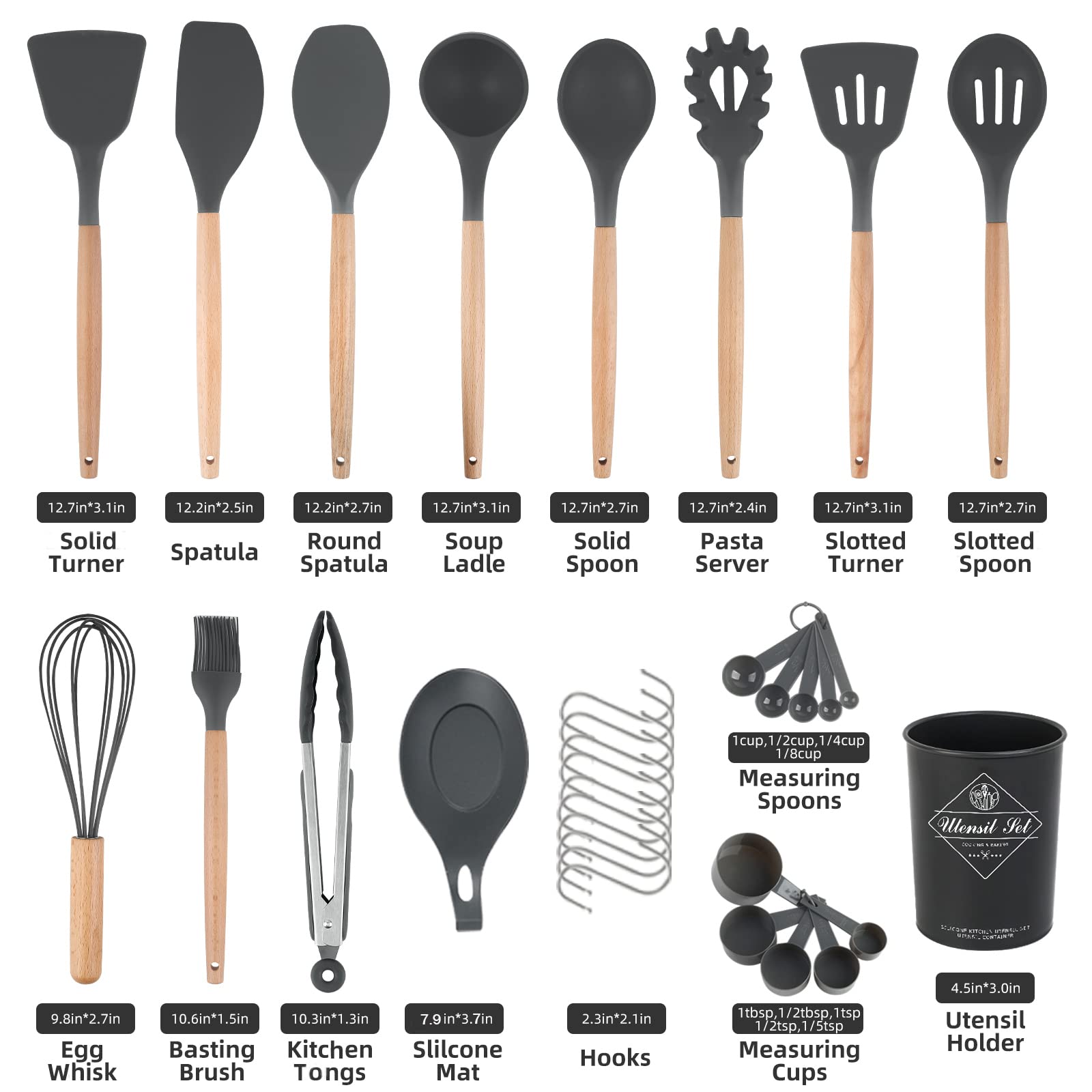 33 Pcs Cooking Utensils Set, Heat Resistance Silicone Kitchen Utensils Set with Holder, Non-stick Silicone Spatula Spoon Kitchen Gadgets Utensils Set with Natural Wooden Handle(Grey)
