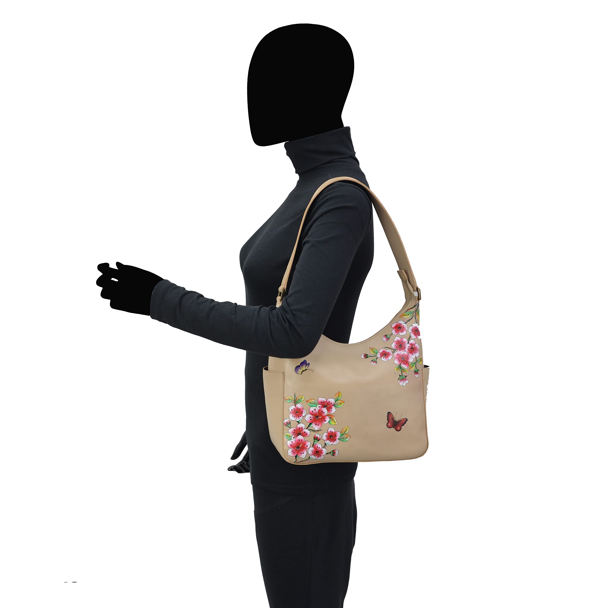 Anuschka Women's Hand Painted Genuine Vegetable Tanned Leather Hobo - Flower Garden Almond