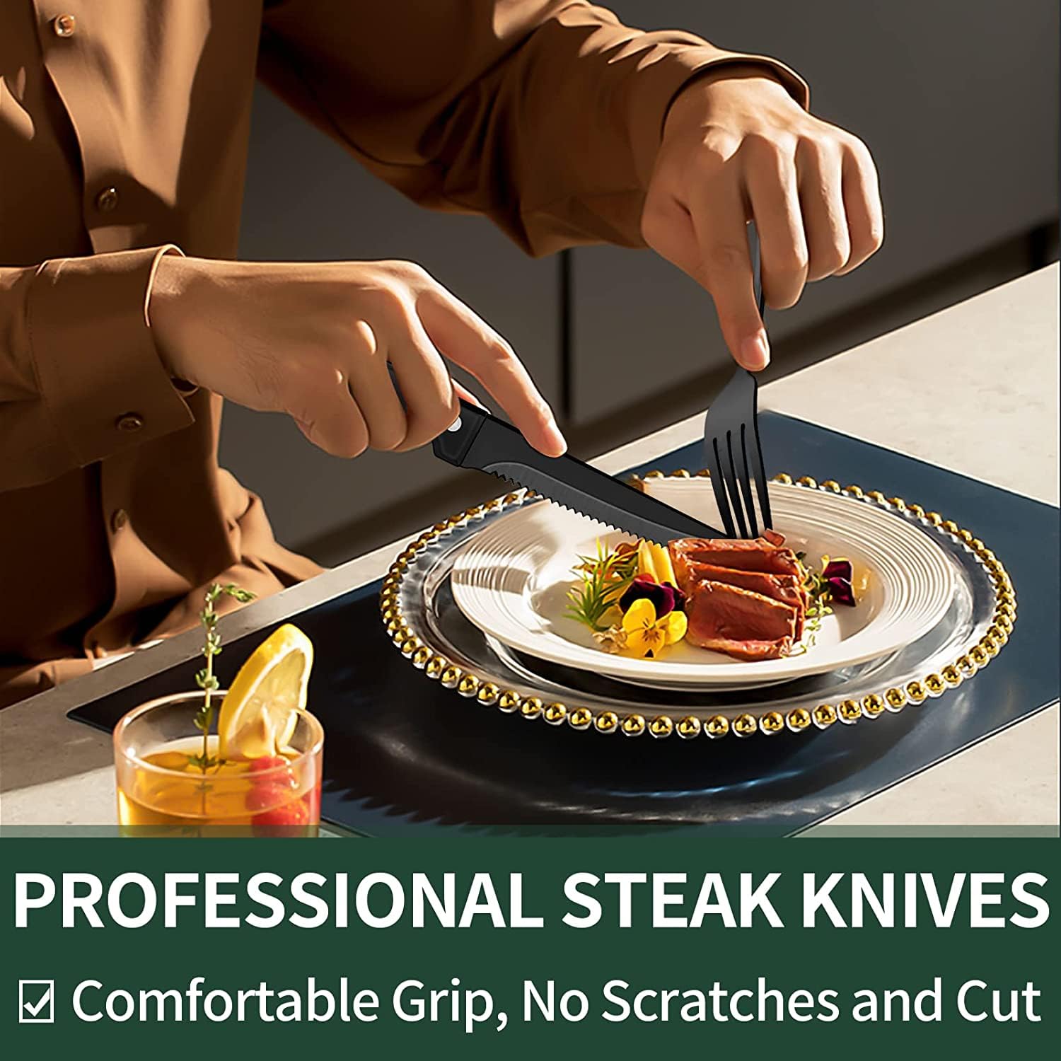 48-Piece Black Silverware Set with Organizer, Black Flatware Set with Steak Knives for 8, Food-Grade Stainless Steel Tableware Cutlery Set, Mirror Finished Utensil Sets for Home Restaurant