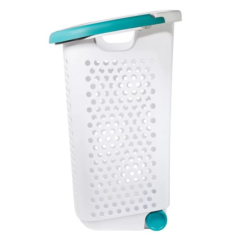 ReMoiz Wheeled Design Clothes Laundry Basket, 70.52 Liter Capacity Mind Reader Basket Collection, 2 Bushel Rolling Plastic Laundry Hamper with Pop-up Handle, White, Large